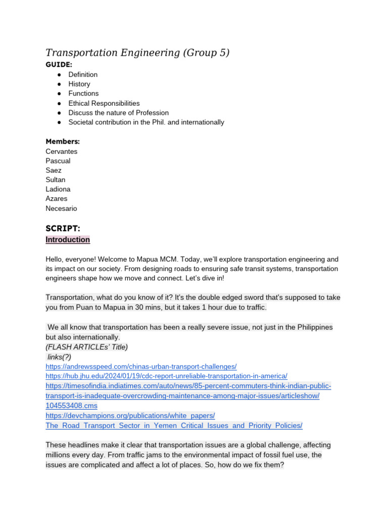 Transportation Engineering (Group 5) | PDF | Transport | Infrastructure