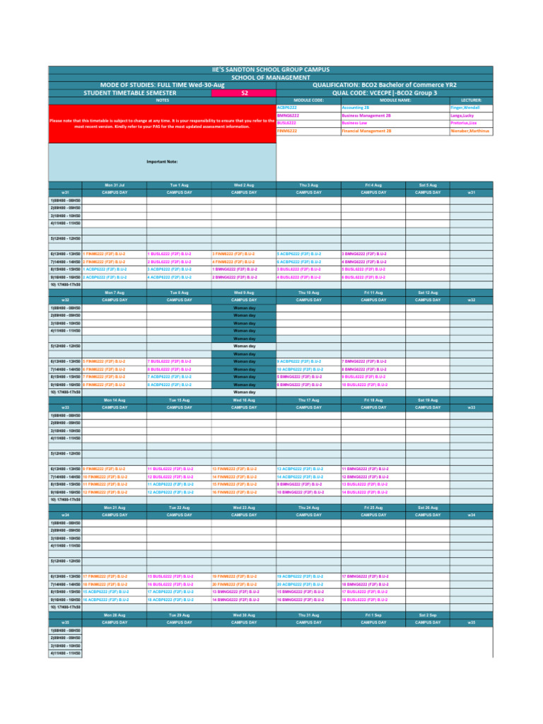 IIE BCO 2 - Group 3 Semester 2 Timetable V2 | PDF