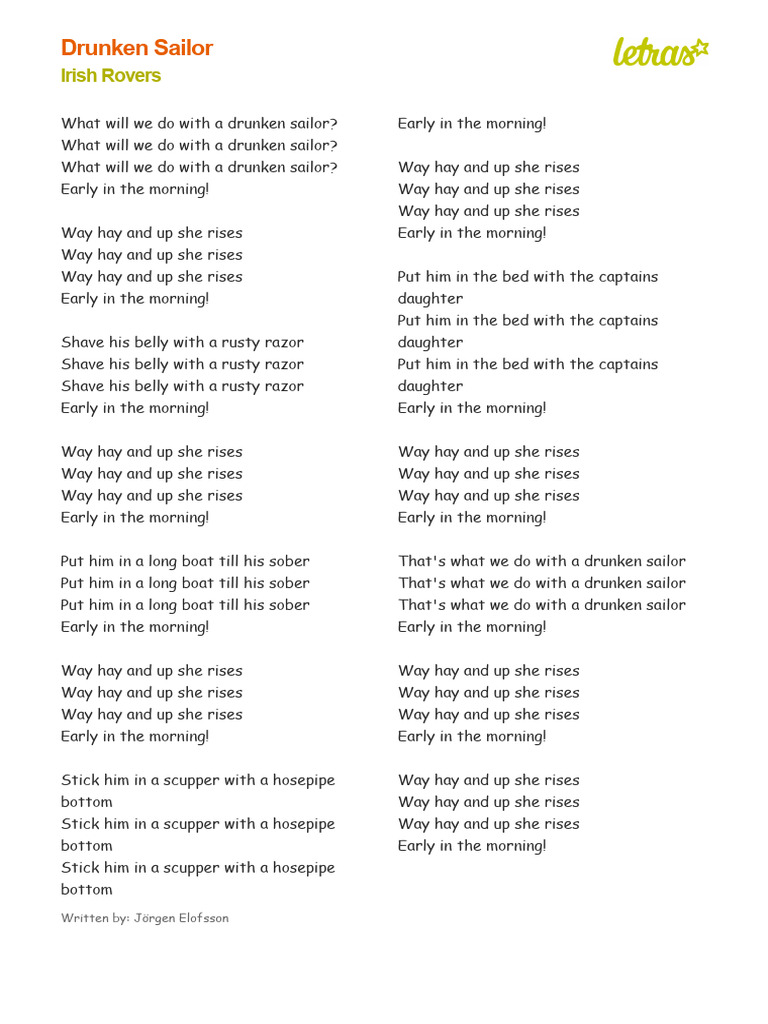 Drunken Sailor Lyrics by Irish Rovers | PDF | Language Arts ...