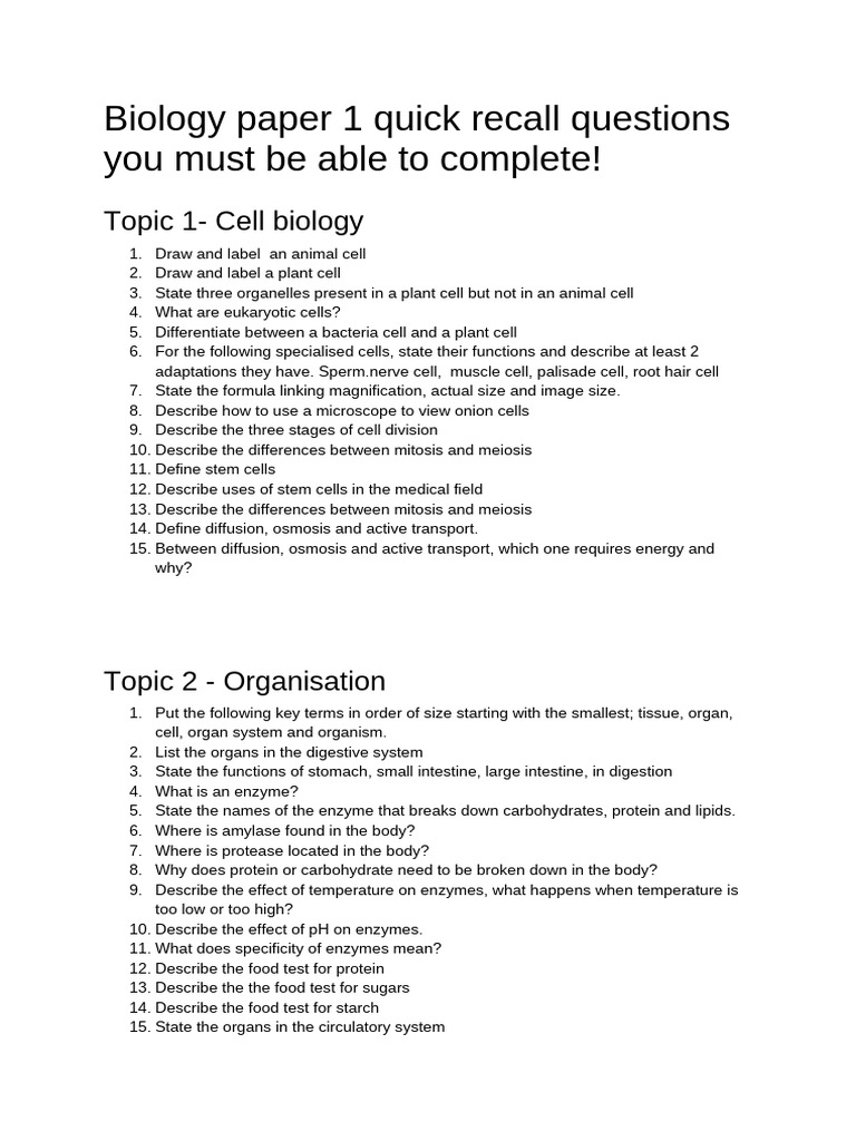 Biology Paper 1 - Quick Recall Questions | PDF | Cell (Biology ...