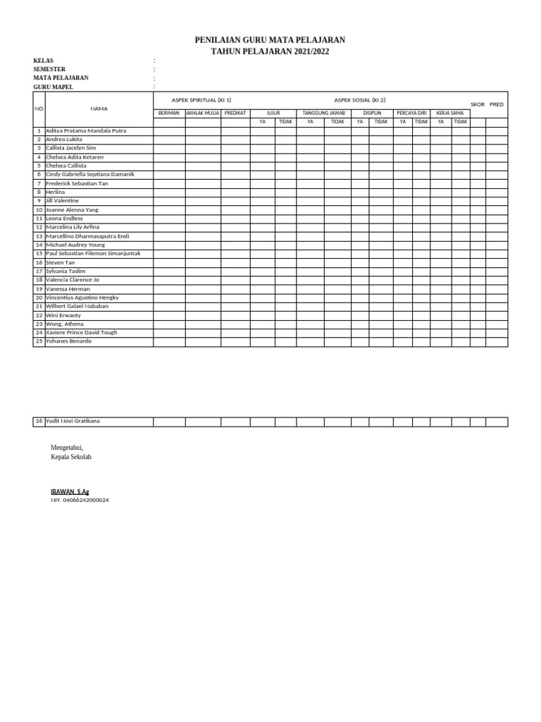 FORMAT PENILAIAN SIKAP KELAS 8 | PDF