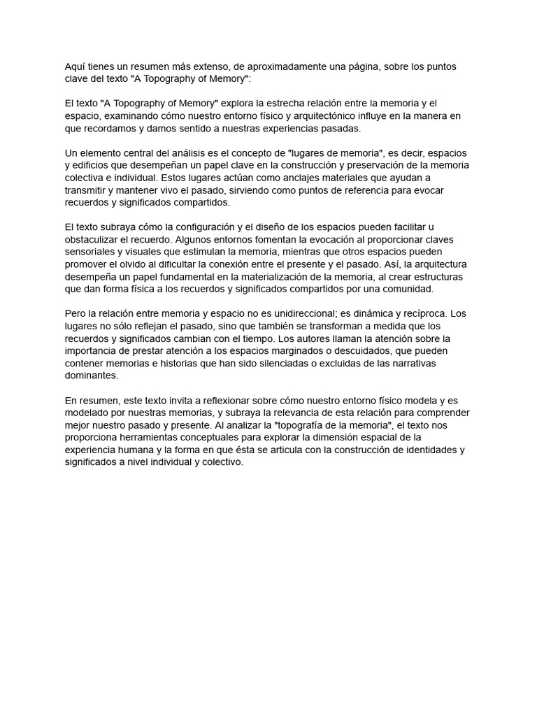 RESUMEN TEXTO - A Topography of Memory | PDF