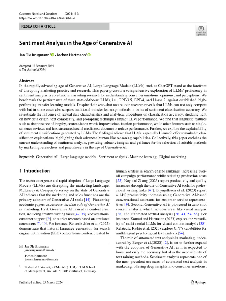 Sentiment Analysis in The Age of Generative AI: Jan Ole Krugmann Jochen Hartmann | PDF ...
