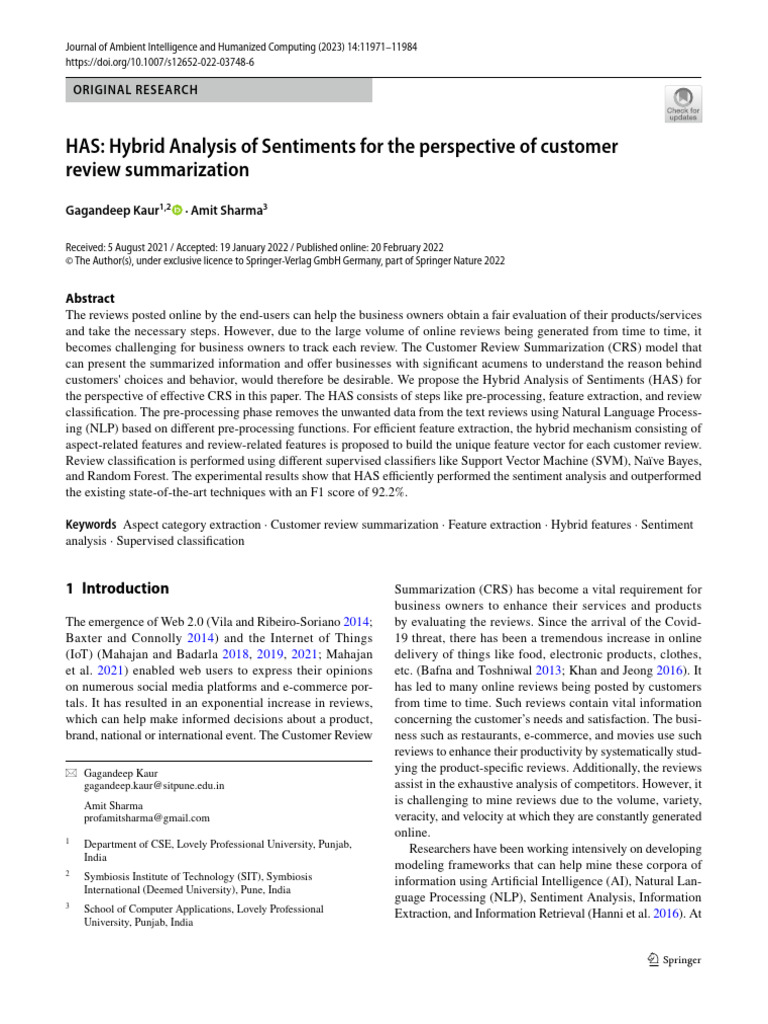 HAS: Hybrid Analysis of Sentiments For The Perspective of Customer Review Summarization | PDF ...