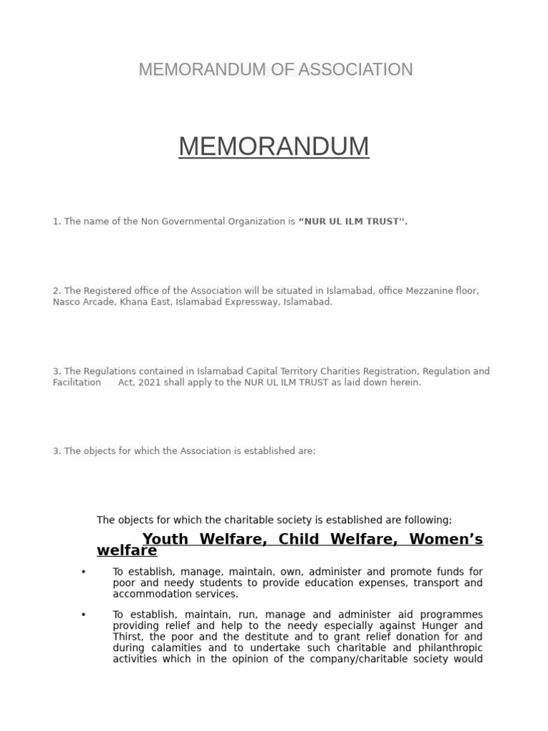 Memorandum of NUR UL ILM TRUST | PDF | Welfare | Charitable Organization