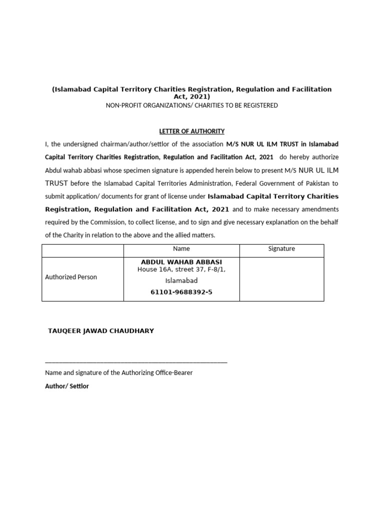 Authority Letter for Charity Registration | PDF