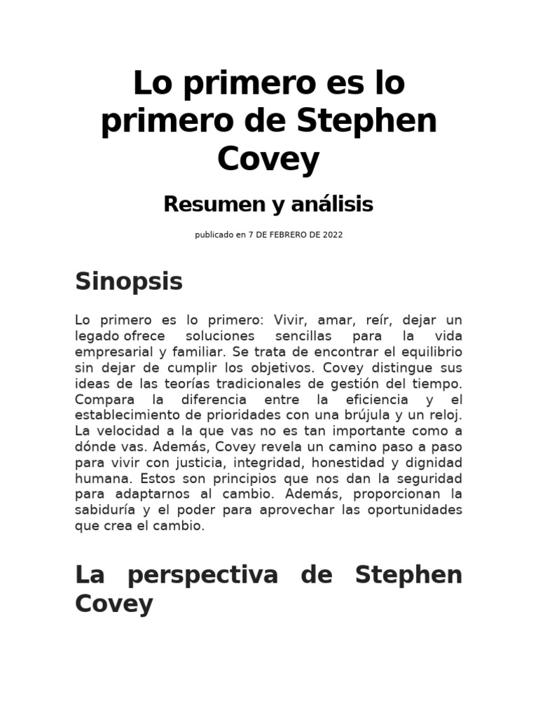 Resumen de "Lo Primero es lo Primero" | PDF | Gestión del tiempo ...