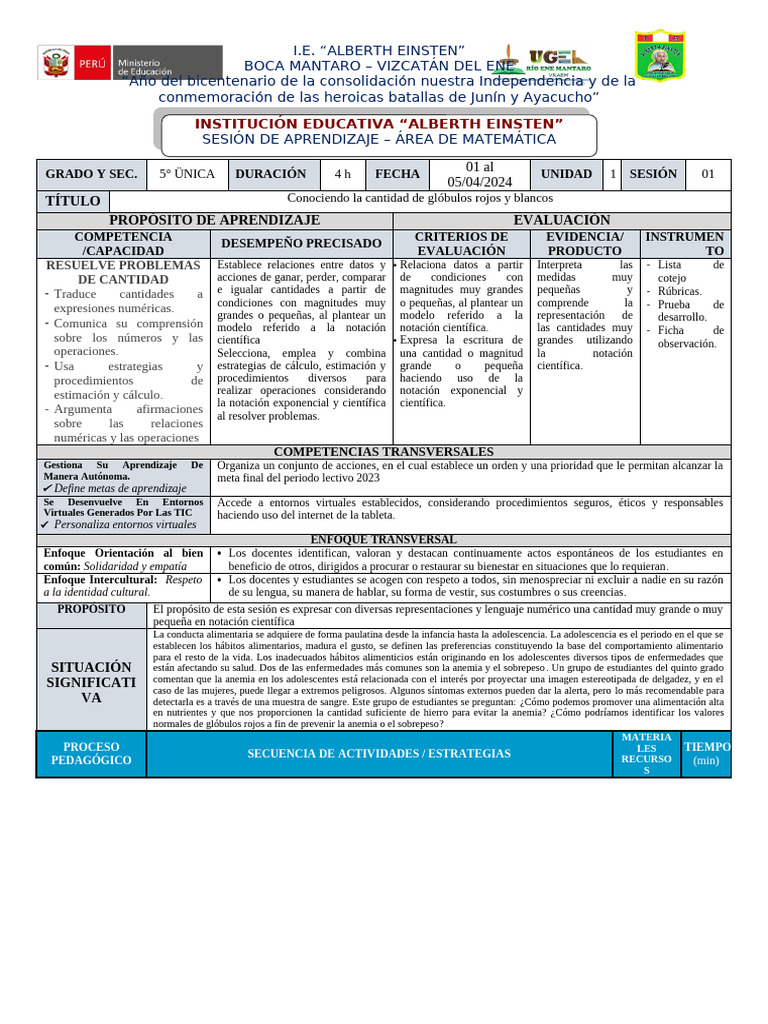 UNIDAD 1- SESIÓN 1 - MAT 5° | PDF | Exponenciación | Aprendizaje