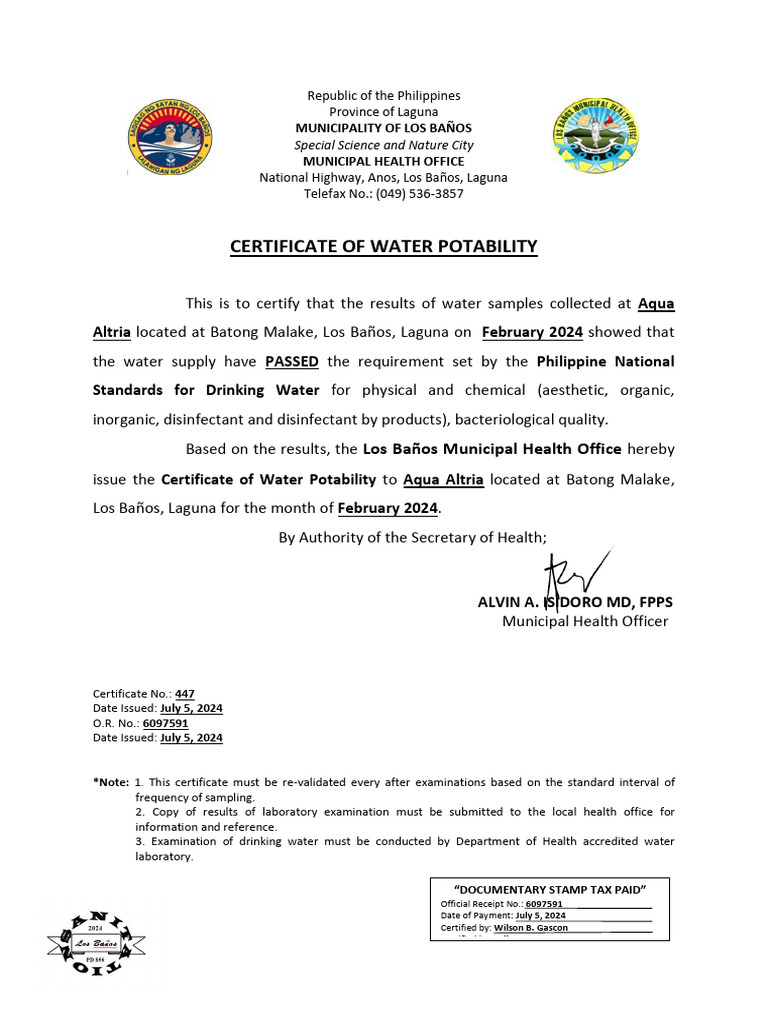 Certificate of Water Potability - Aqua Altria | PDF