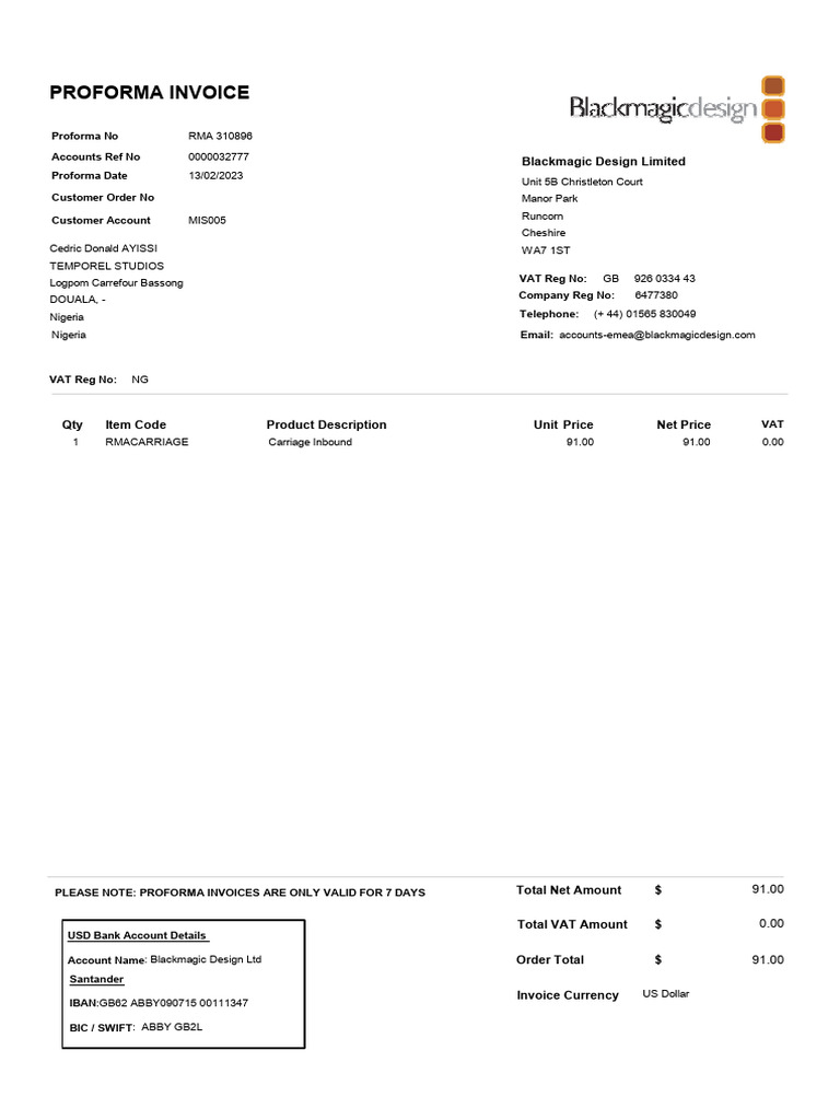 Blackmagic Design Proforma Invoice RMA 310896 | PDF