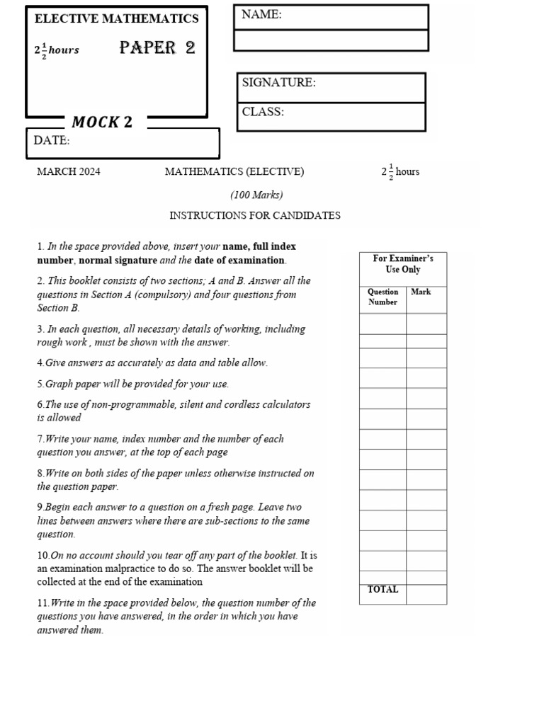 Elective Mathematics Exam Instructions | PDF | Probability Distribution | Mathematics