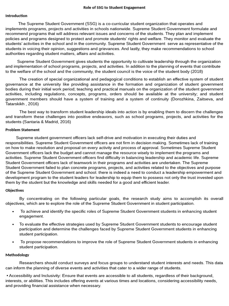 Role-of-SSG-to-Student-Engagemen1 | PDF | Leadership | Goal