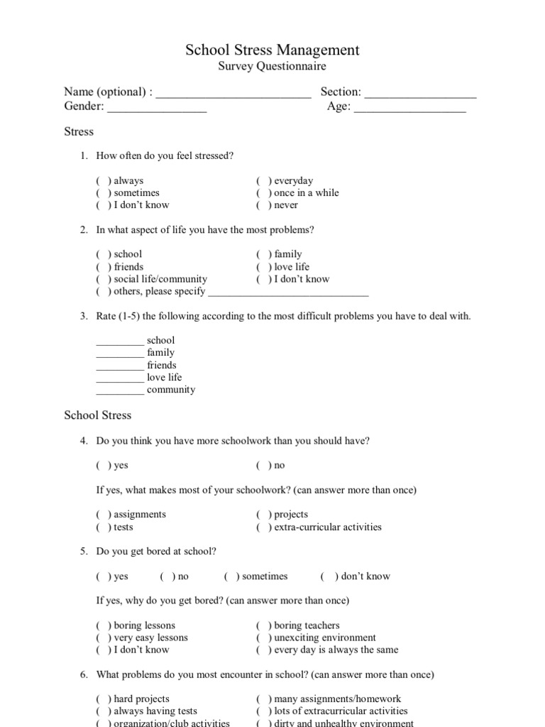 School Stress Management - Questionnaire | PDF | Homework | Learning