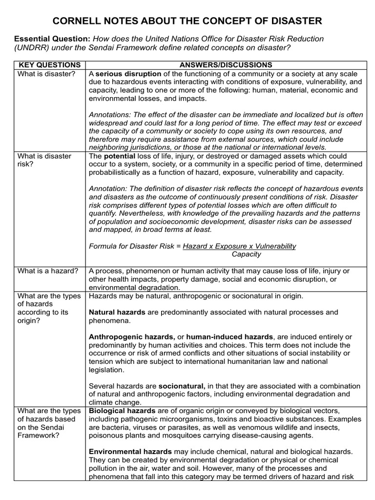 Cornell Notes About the Concept of Disaster | PDF | Hazards | Natural ...