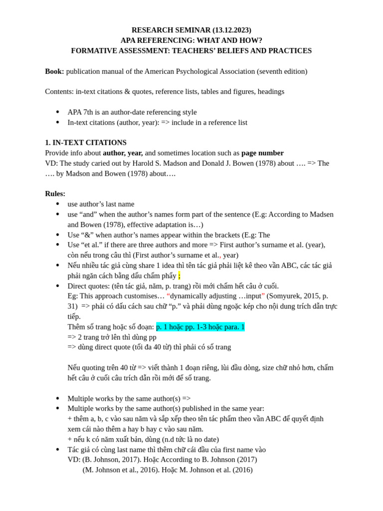 Research Seminar - Apa Referencing | PDF
