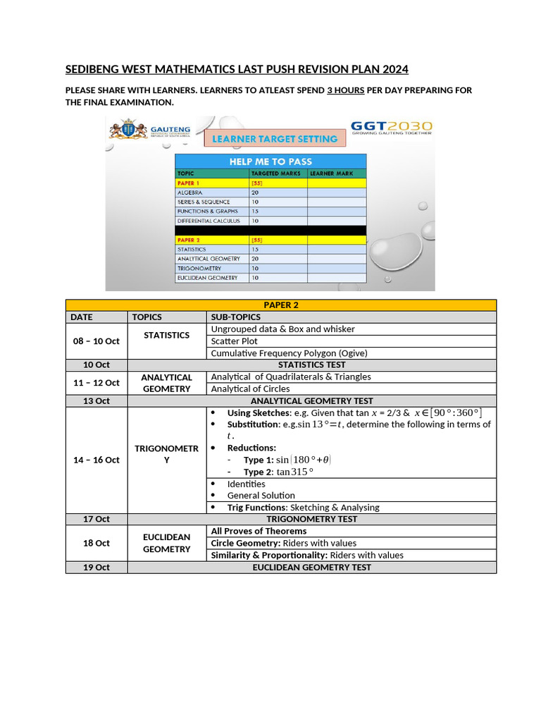 Maths Final Push NSC Exam Revision Plan | PDF | Geometry | Function (Mathematics)