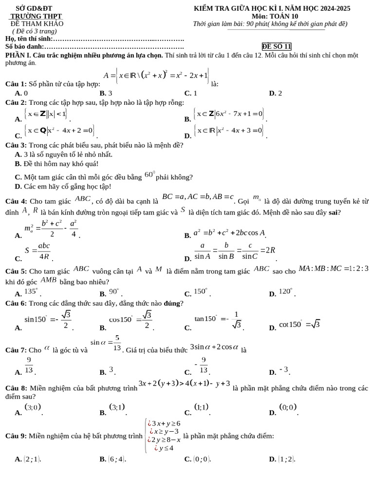 TOÁN ĐỀ 11 GK1 | PDF