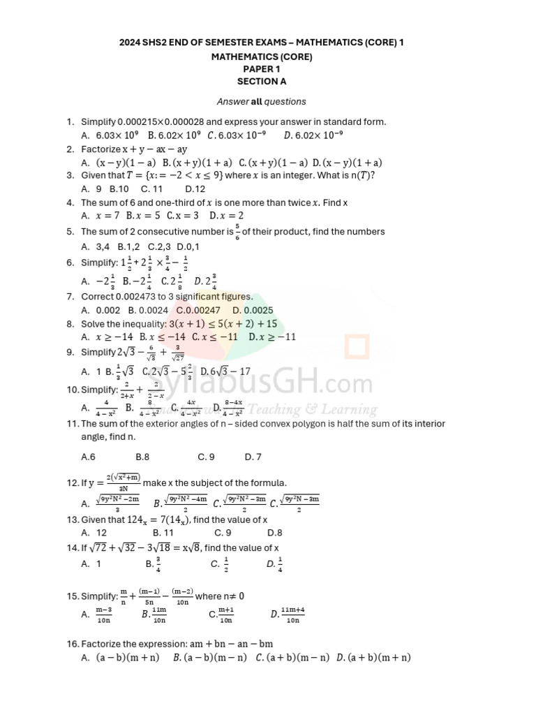 2024 SHS2 End of Semester - Core Maths 1 | PDF | Mathematics | Science