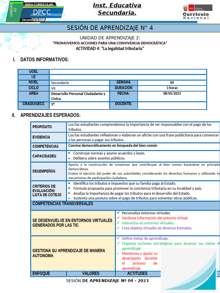 5º DPCC Ses 4 Uni 2 Sem 04 - 2023 | PDF | Aprendizaje | Evaluación
