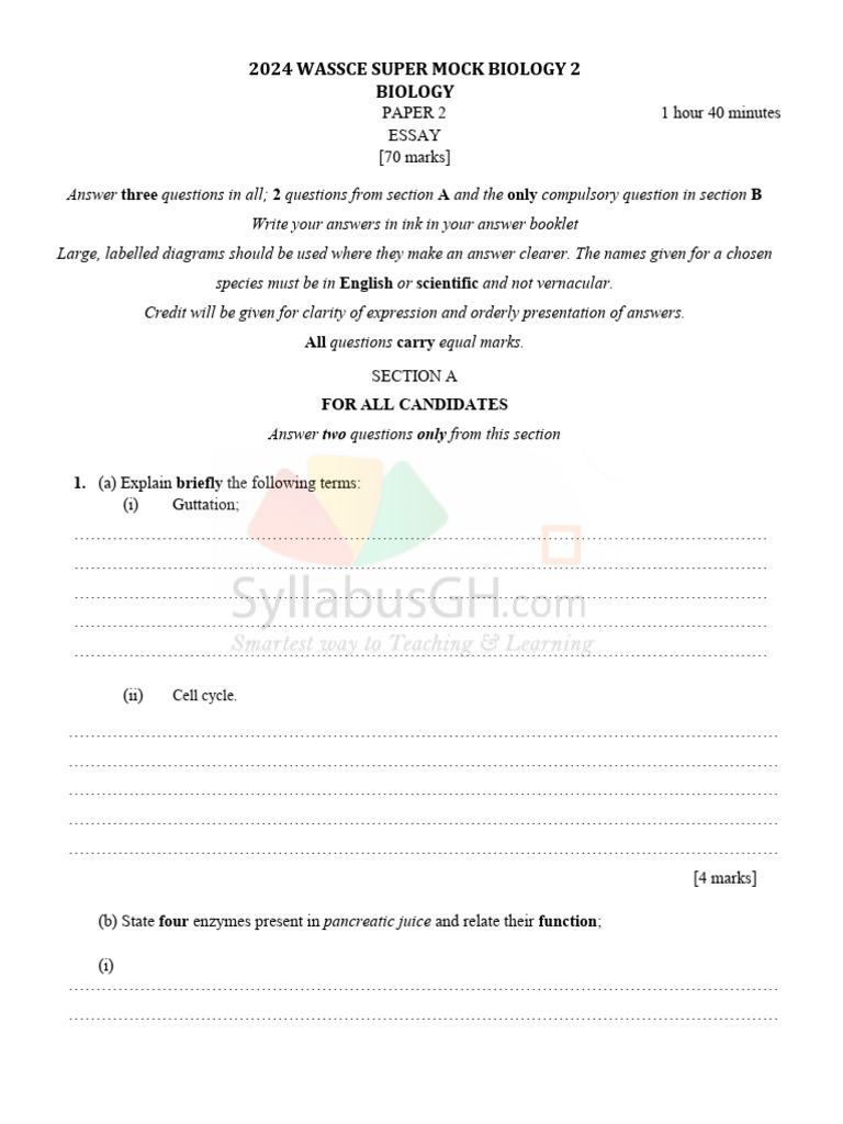 2024 WASSCE Super Mock Biology 2 | PDF | Biology | Molecular Biology