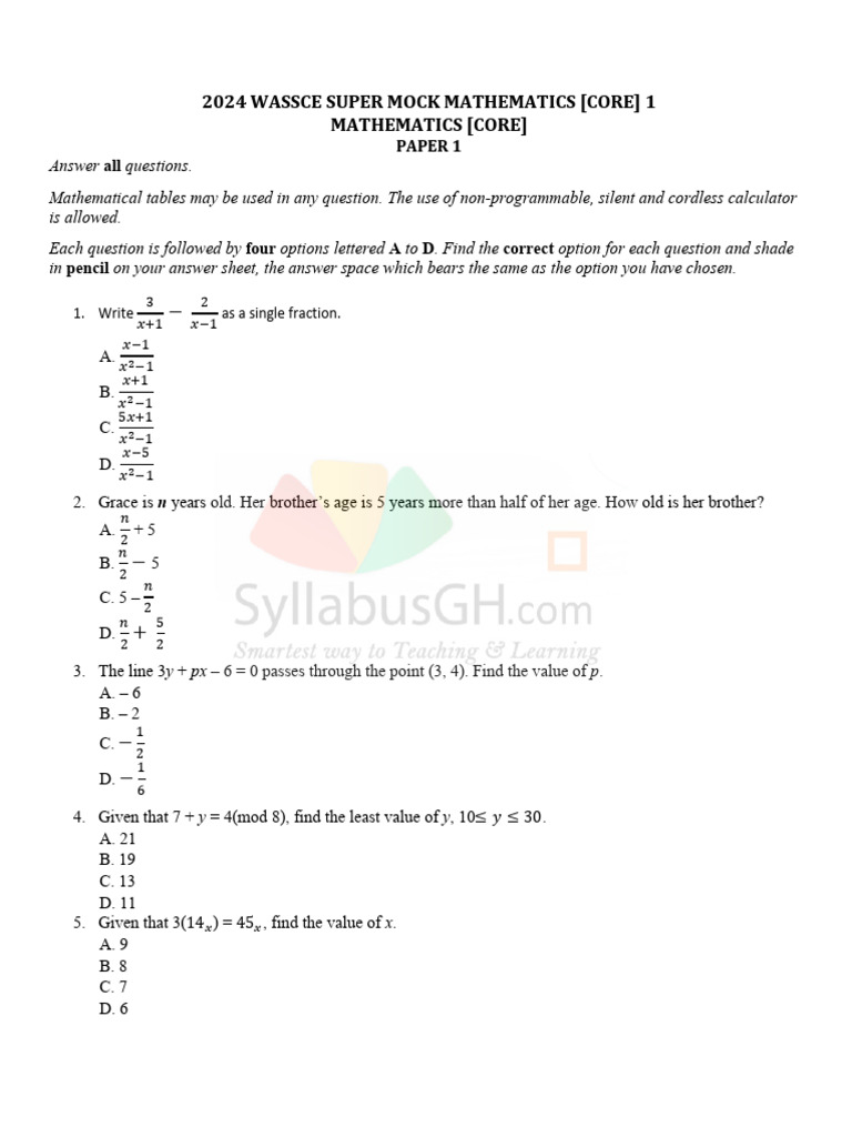 2024 WASSCE Super Mock Mathemeatics (Core) 1 | PDF | Elementary ...