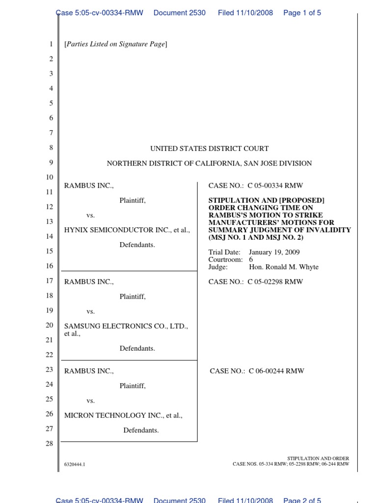 Stipulation and (Proposed) Order Changing Time On Rambus'S Motion To ...