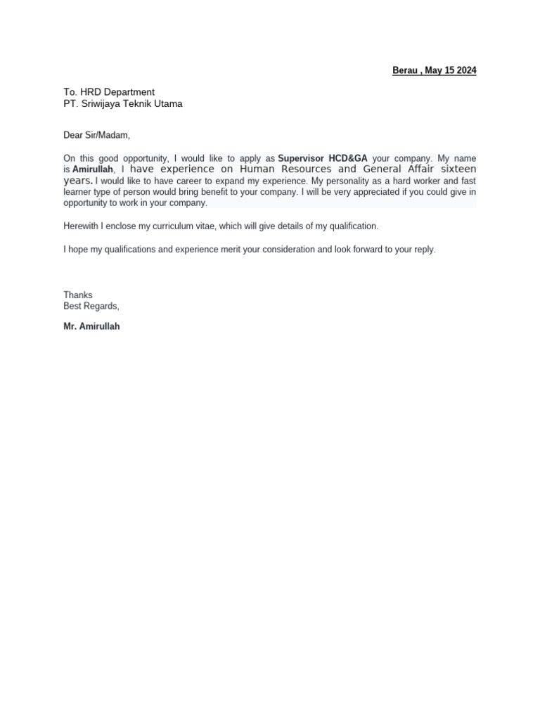 Supervisor HCD&GA Job Application | PDF