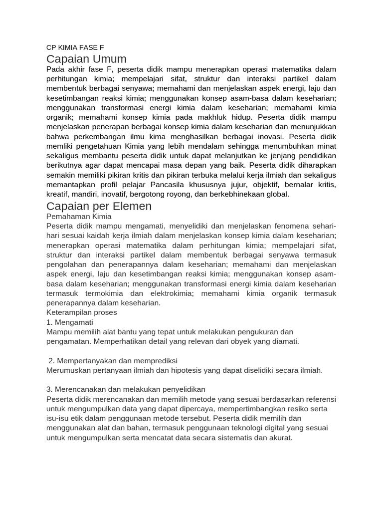 Capaian Pembelajaran Kimia Fase F | PDF