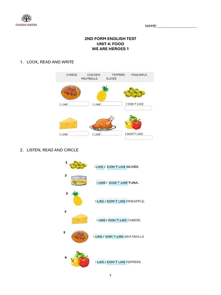 2nd Form English Test: Food Unit | PDF | Language Arts & Discipline ...