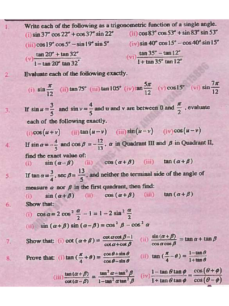 Trigonometry Assignment Class 11 | PDF