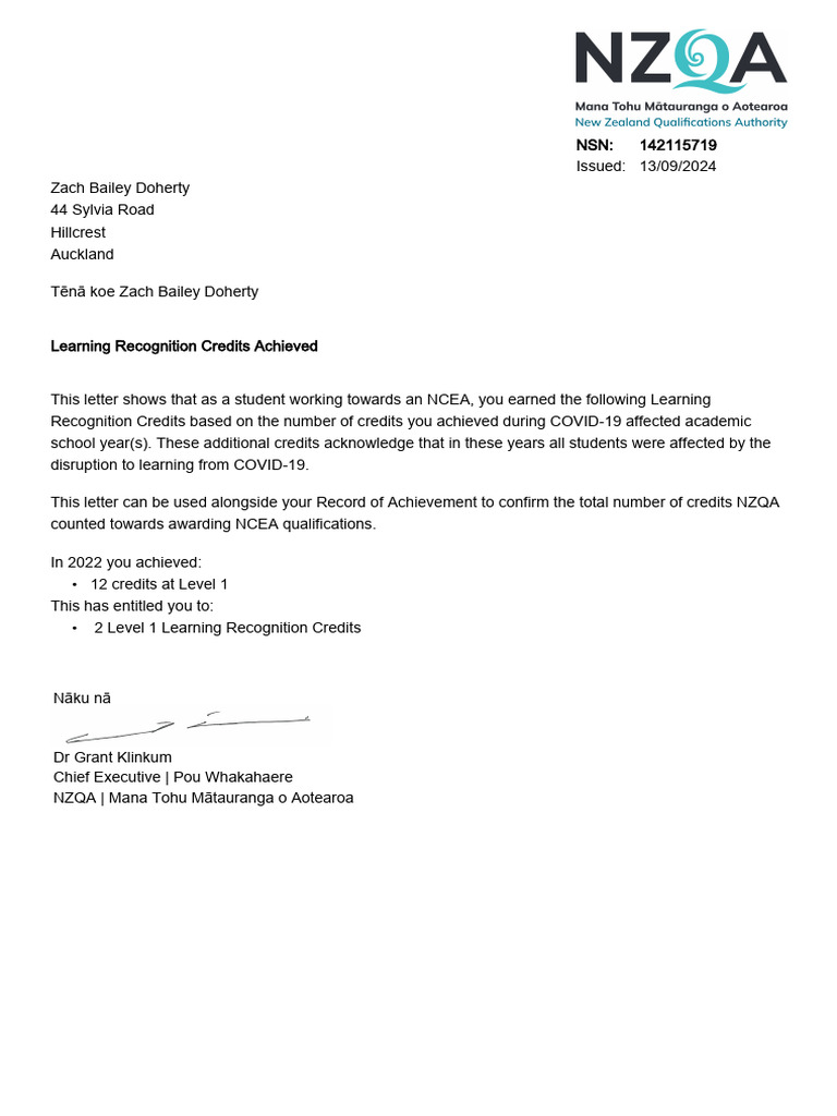 Learning Recognition Credits Letter | PDF