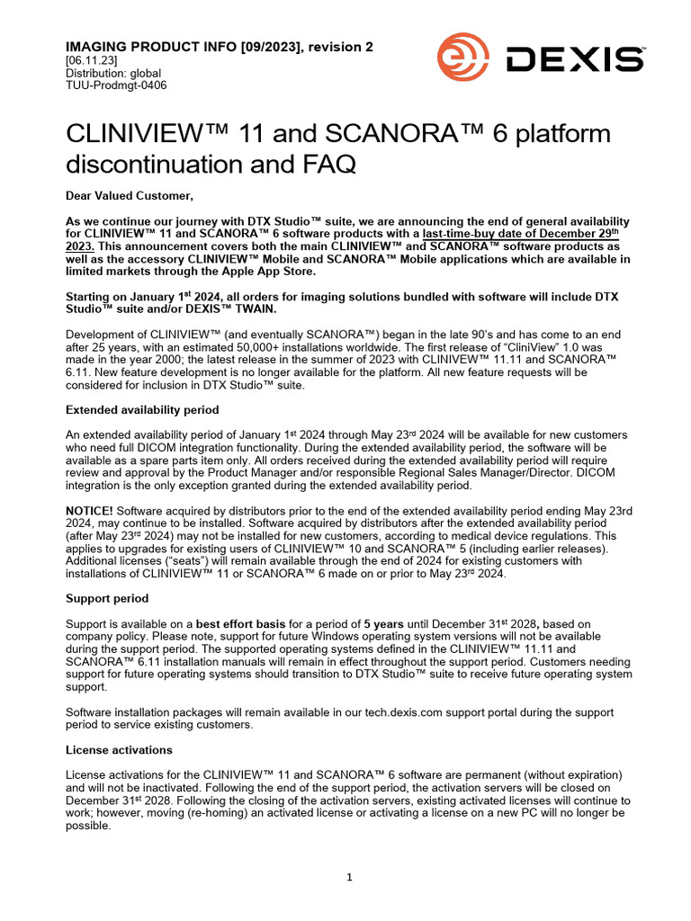 2023-09 (Rev 2) CLINIVIEW 11 and SCANORA 6 Discontinuation and FAQ ...