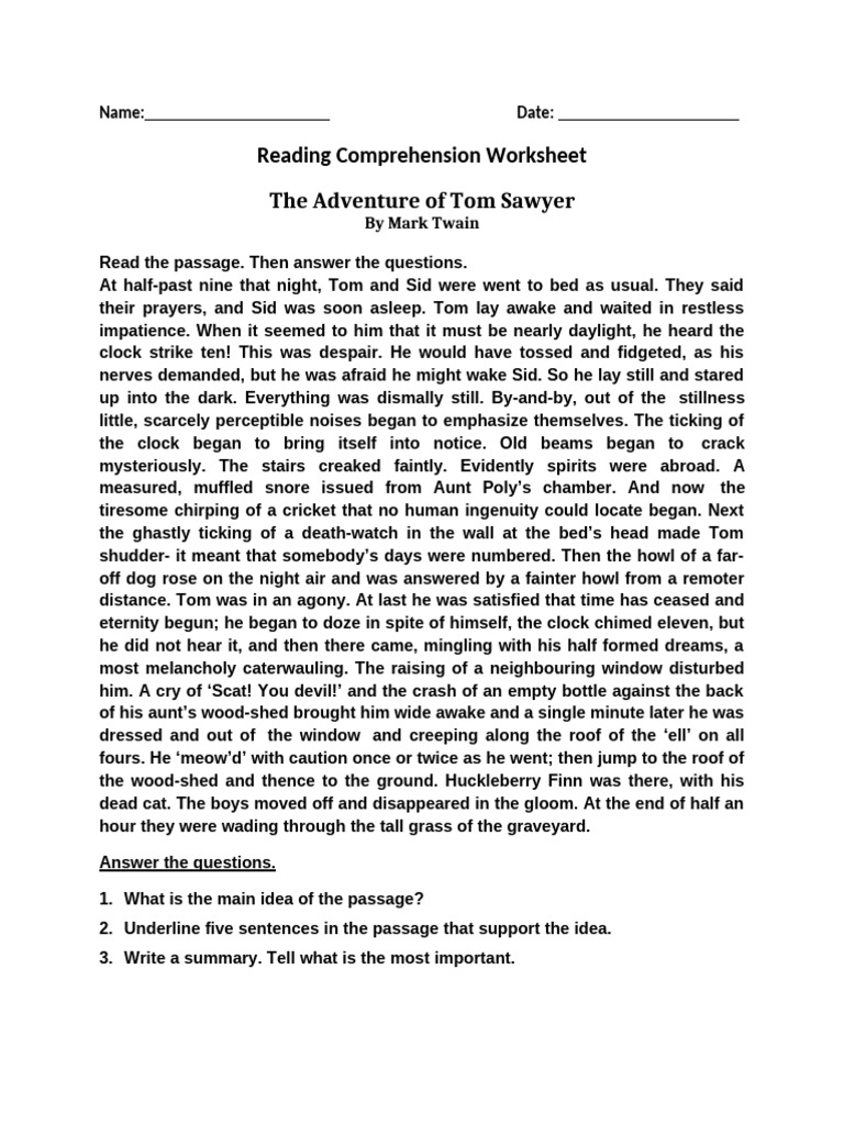Tom Sawyer Chapter 8 Reading Worksheet | PDF | Mystery, Thriller ...