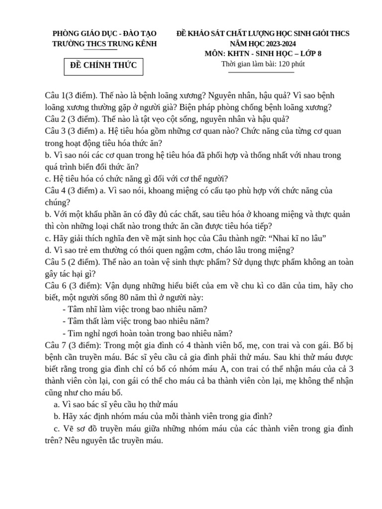 KHTN 8 - THCS TRUNG KÊNH (Sinh 8) | PDF