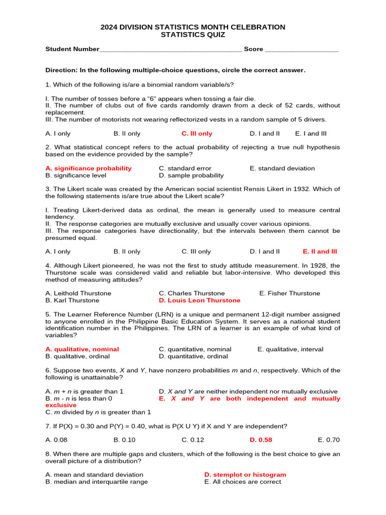 2024 Philippine Statistics Quiz Bee | PDF | Type I And Type Ii Errors ...