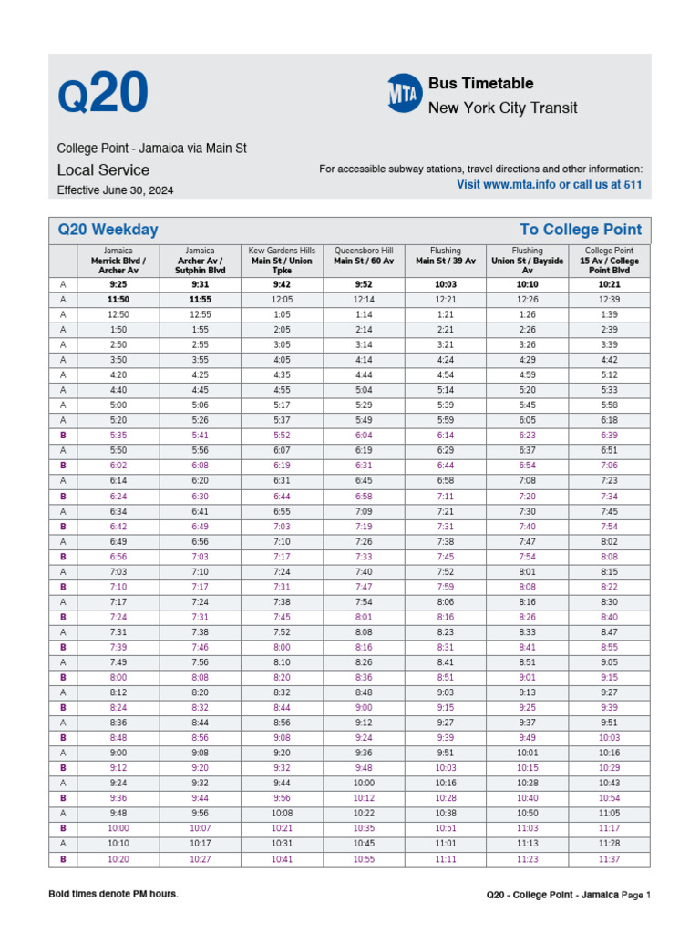 MTA Q20 Bus Timetable 20240630 | PDF