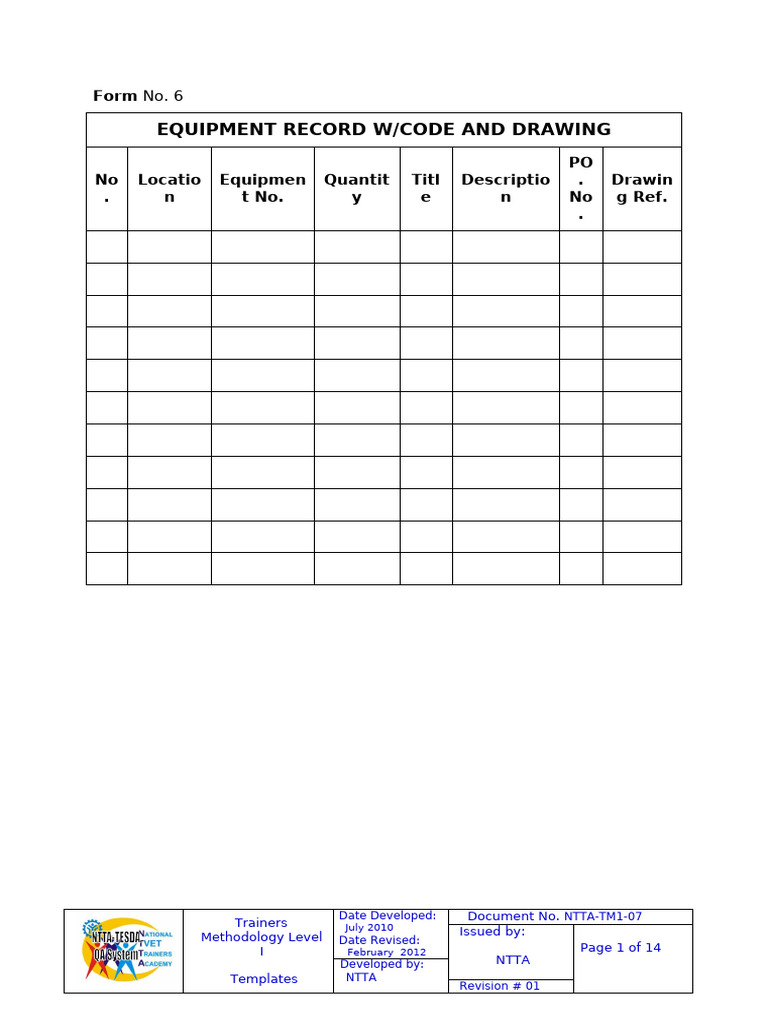 Equipment Record With Code and Drawing | PDF