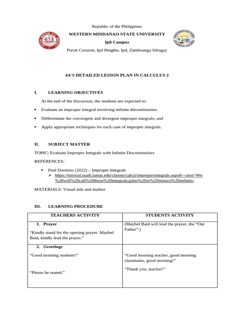 4as Lesson Plan | PDF | Integral | Infinity