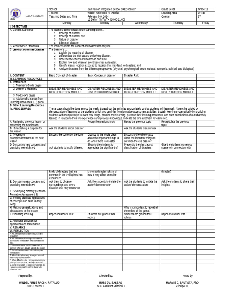 DLL FBS Week 1 Quarter 3 2023 | PDF | Learning | Risk