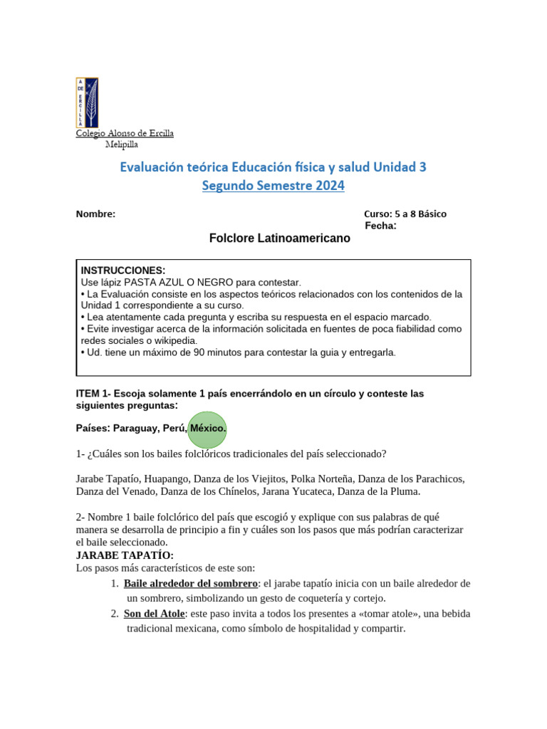 5° A 8° Evaluacion Teorica Folclore Latinoamericano Emiliano Aranda ...