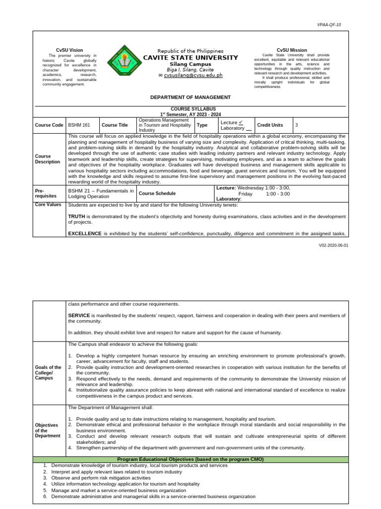 BSHM 161 Operations Management in Tourism and Hospitality | PDF | Leadership | Iso 9000