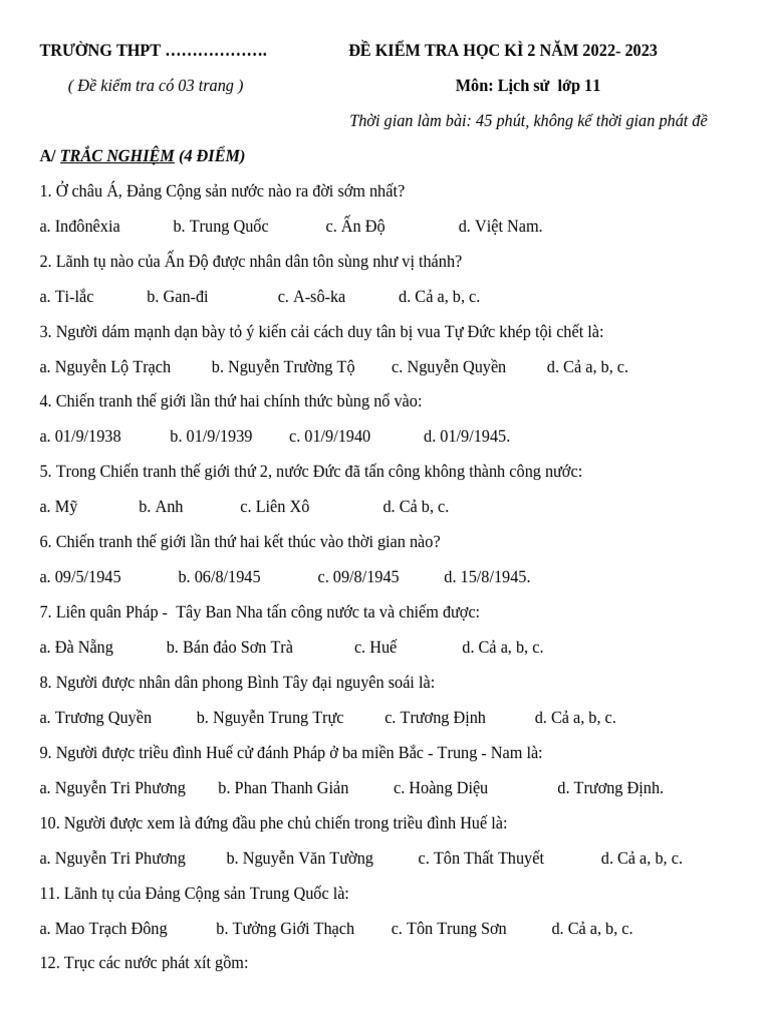 De Thi HK 2 Lich Su 11 de 4 | PDF