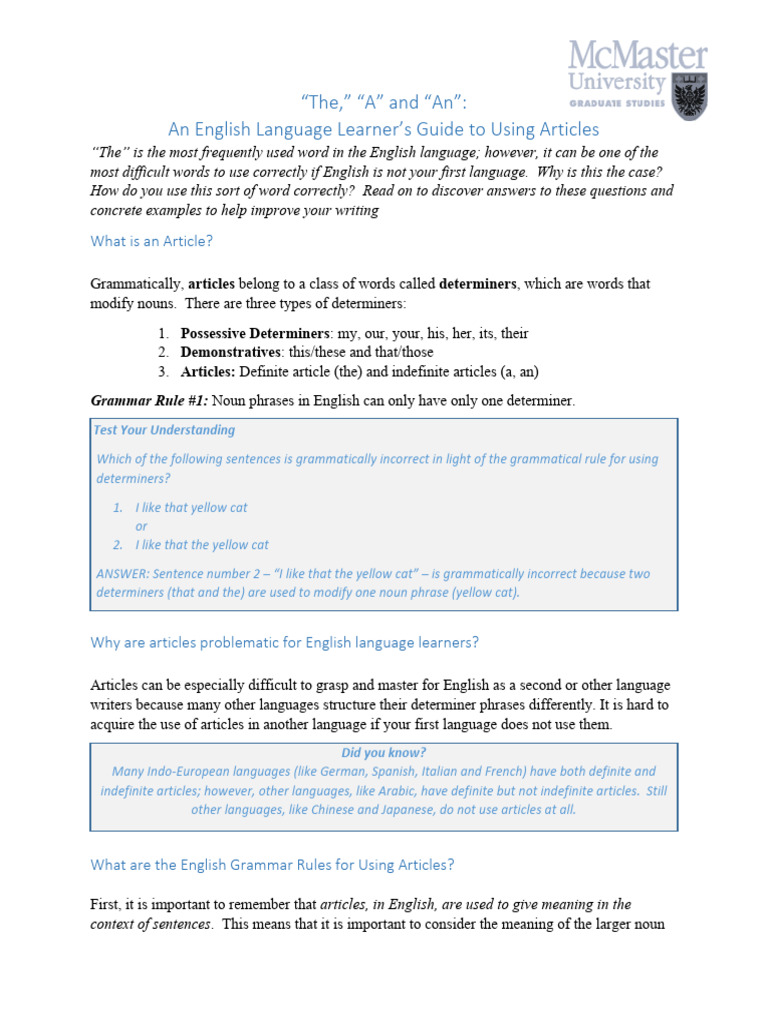 Guide For Using Articles | PDF | Noun | English Language
