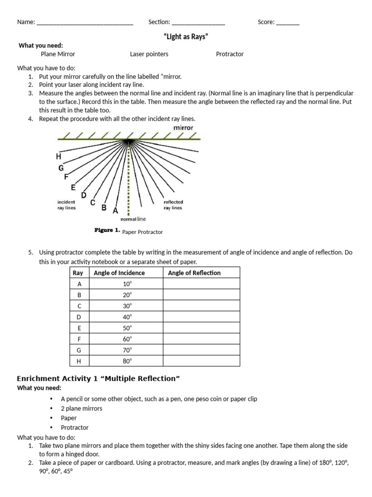 q2 Actvity Sheet Mirrors and Lenses | PDF | Mirror | Reflection (Physics)