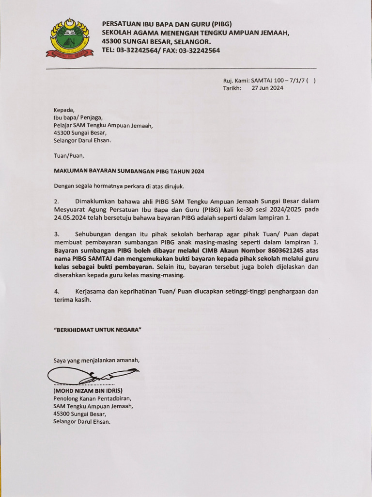 Makluman Bayaran Sumbangan PIBG SAMTAJ 2024 | PDF