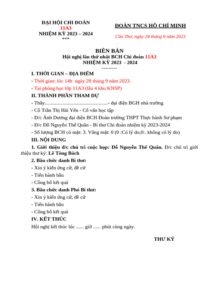 6. Biên Bản Hội Nghi BCH Chi Đoàn 11A3 | PDF