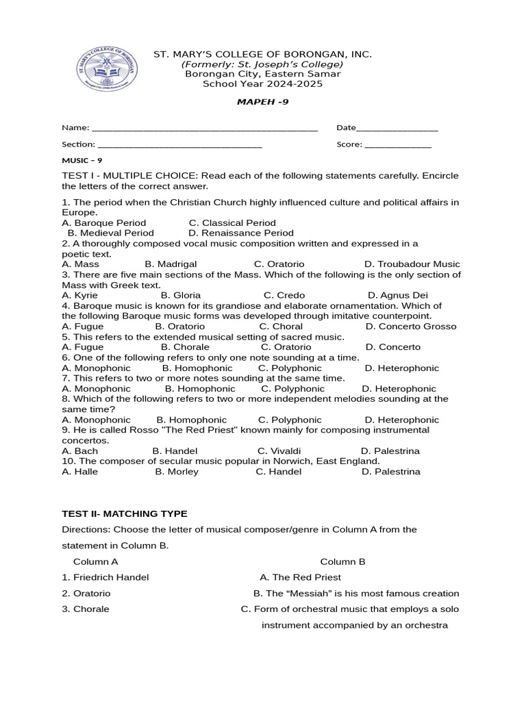 TQ - Grade 9 | PDF | Baroque Music | Ancient Egypt