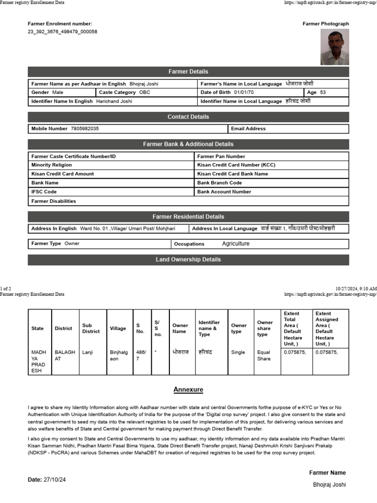 Farmer Registration Details for Bhojraj Joshi | PDF