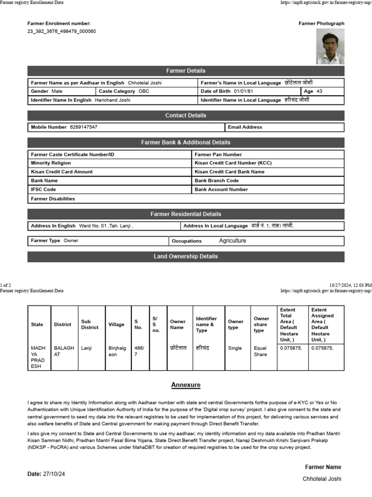 Farmer Registry Chotelal Enrollement Data | PDF