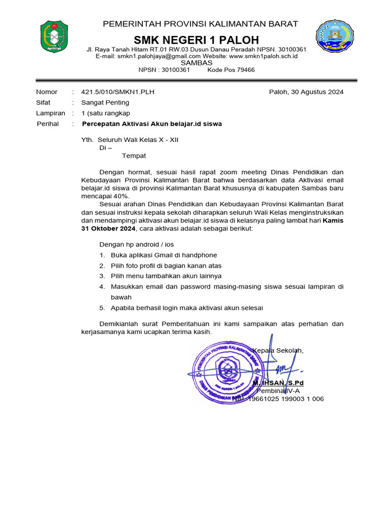 S. Aktivasi Akun Belajar - Id Siswa SD 31 Oktober 2024 | PDF